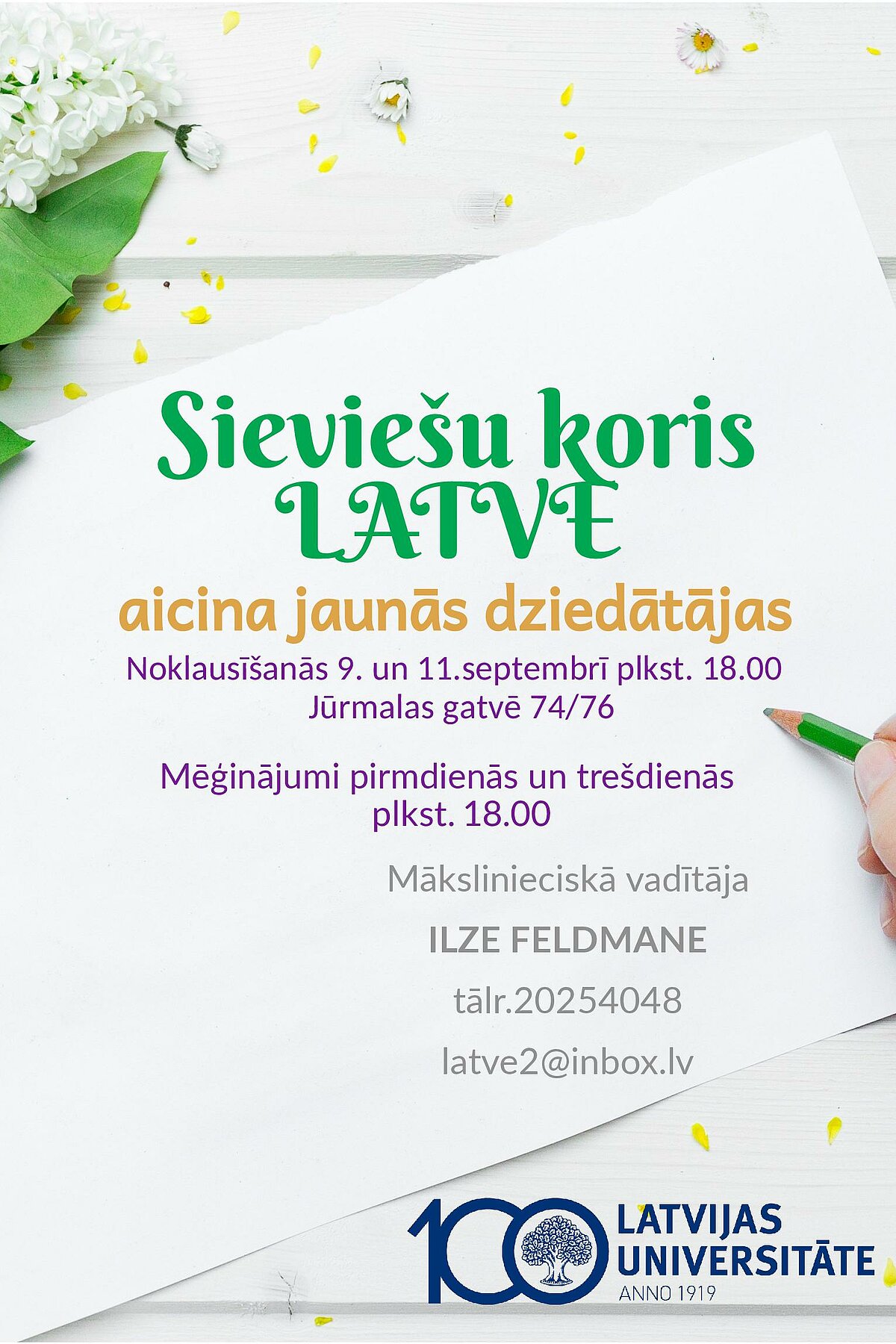 Sieviešu koris “Latve” uzņem jaunas dziedātājas